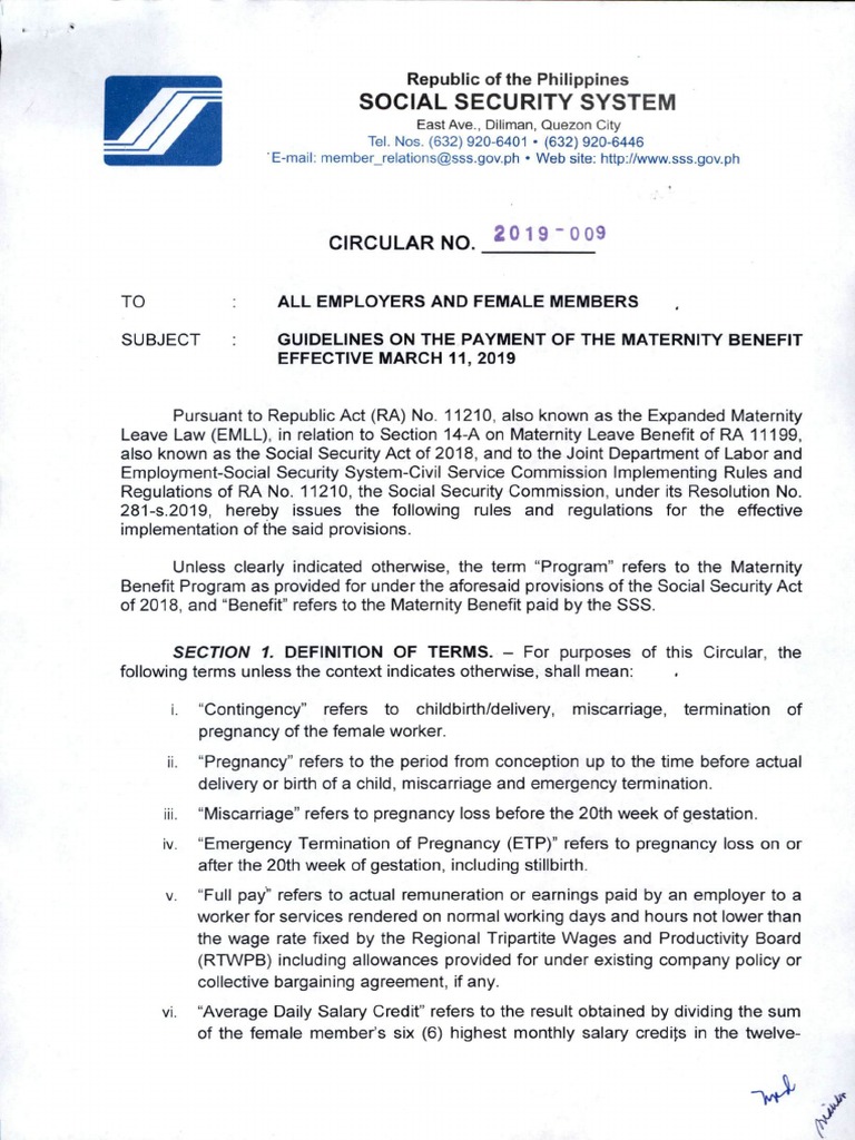 SSS Circular 2019-009 - Guidelines On The Payment of The Maternity ...