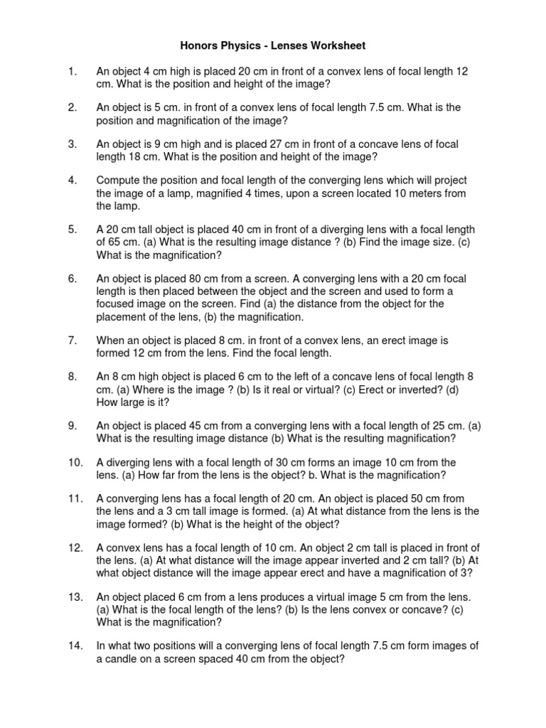 Lens Problems Worksheet | PDF | Lens (Optics) | Natural Philosophy