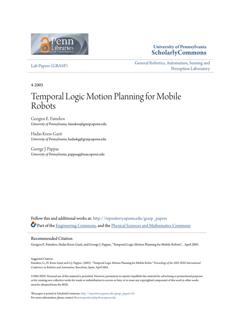 Temporal Logic Motion Planning For Mobile Robots Scholarlycommons Pdf Applied Mathematics