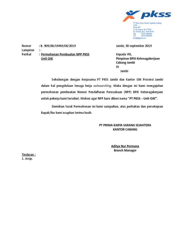 Permohonan Pembuatan NPP BPJS Ketenagakerjaan | PDF