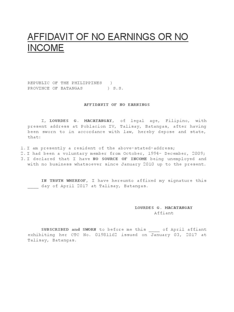 Affidavit of No Income Statement | PDF | Politics | Lifestyle