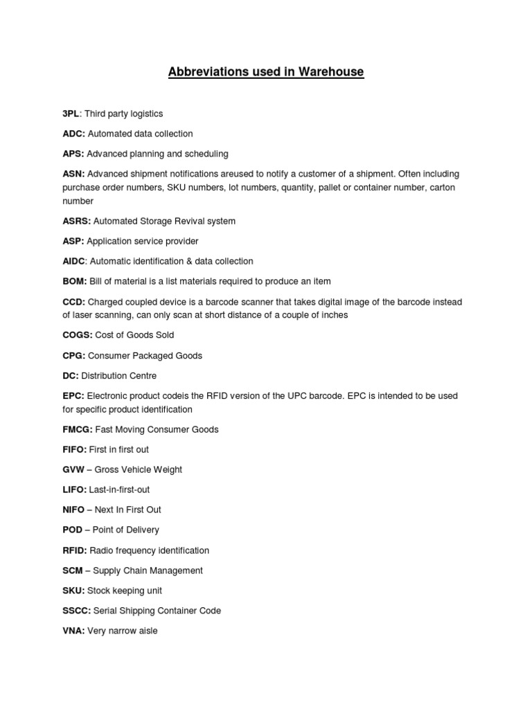 Abbreviations (Warehouse) PDF | PDF | Inventory | Expense