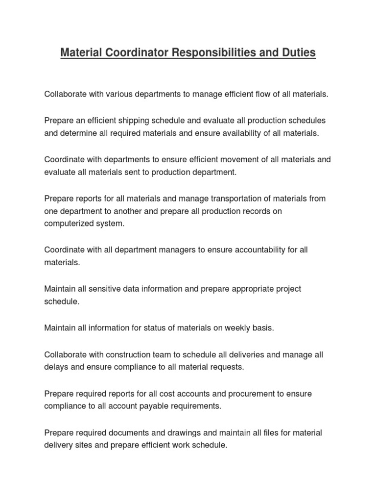 Material Coordinator (Duties) | PDF | Business Process | Business