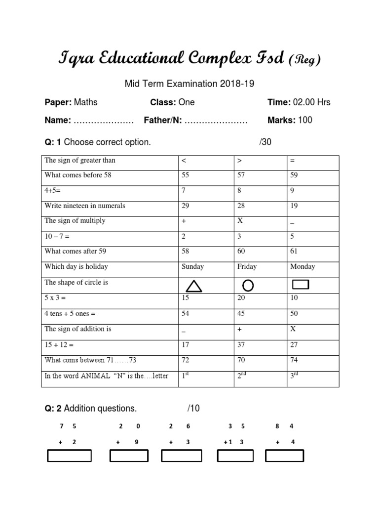 Iqra Educational Complex FSD: Mid Term Examination 2018-19 | PDF | Teaching Mathematics