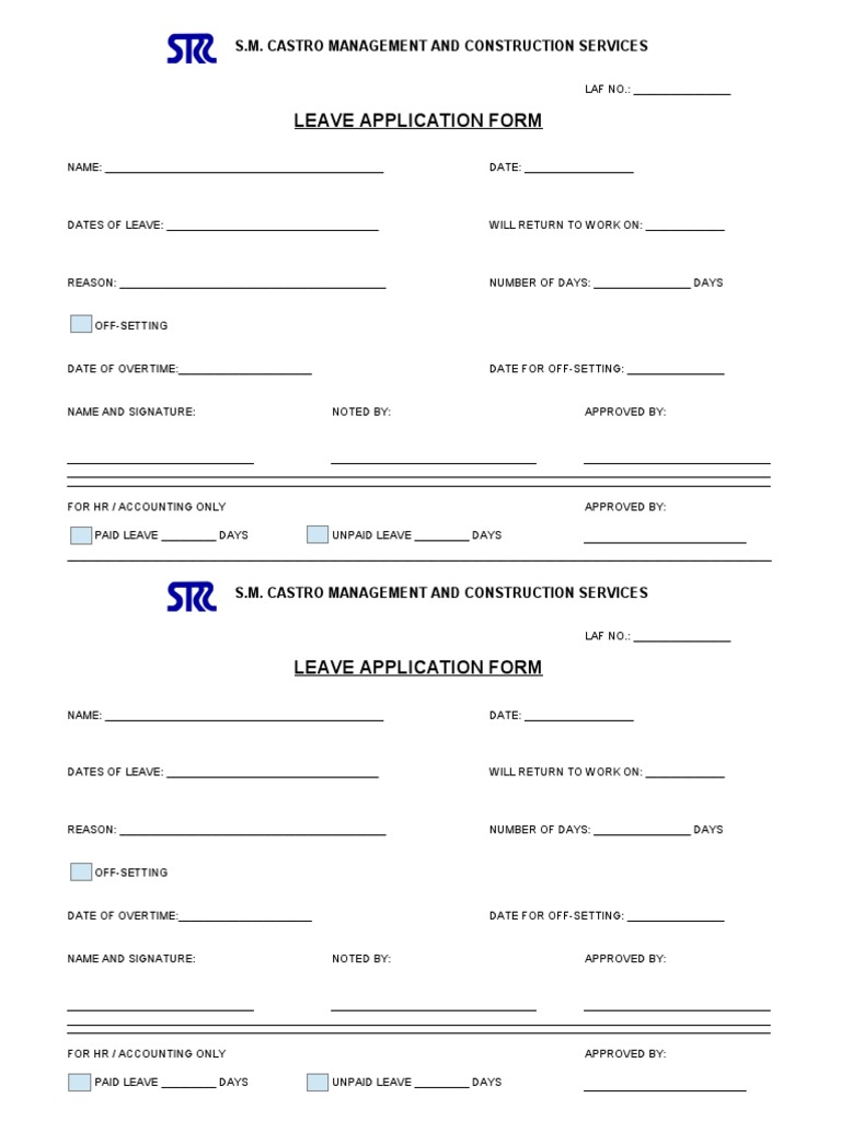 Leave Application Form: S.M. Castro Management and Construction ...