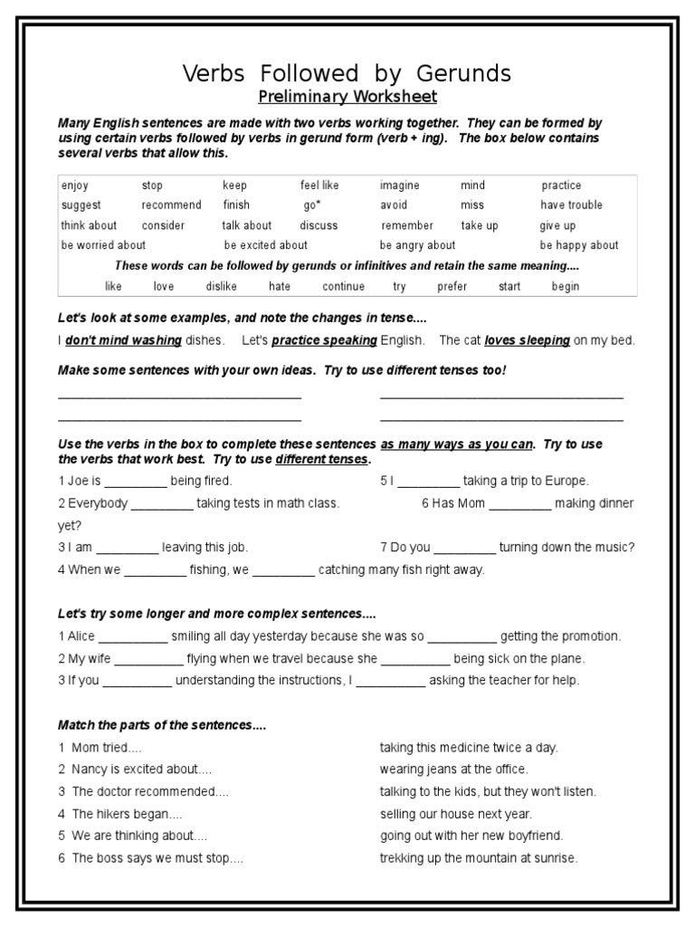 Verbs Followed by Gerunds: Preliminary Worksheet | PDF | Verb | English ...