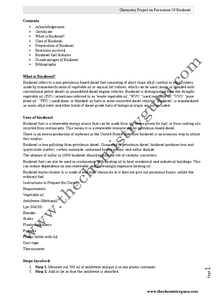 Chemistry Project On Formation of Biodiesel | PDF | Biodiesel ...