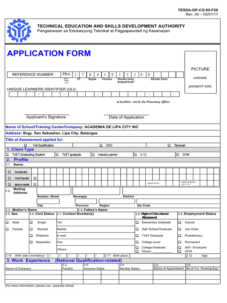 TESDA Assessment Application Form PDF | PDF | Learning | Business