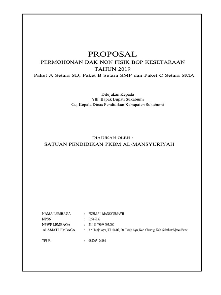 Contoh Proposal Bop Kesetaraan PKBM Perintis | PDF