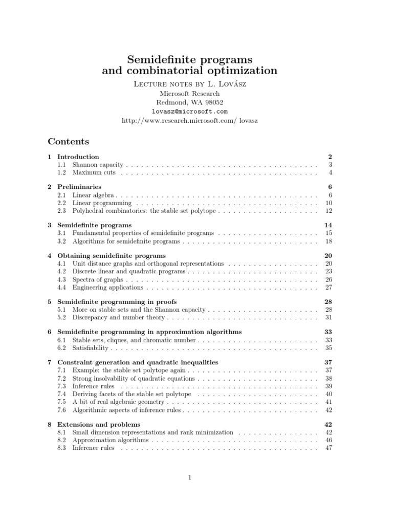 Semidefinite Programs And Combinatorial Optimization Pdf Linear Programming Eigenvalues 0798