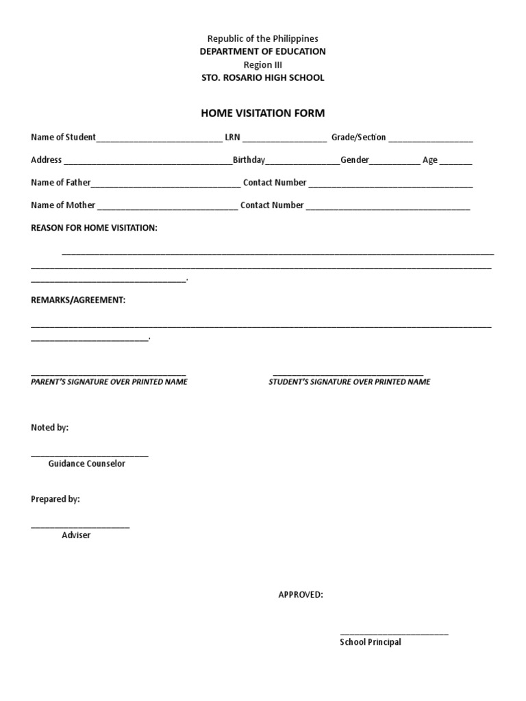 Home Visitation Form: Department of Education Sto. Rosario High School ...