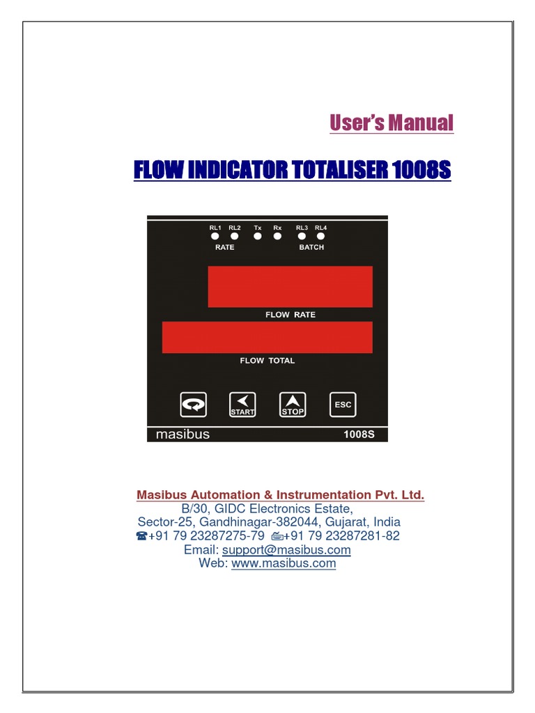 Comprehensive User Manual for the Masibus Flow Indicator Totaliser 1008S: Details on Safety ...