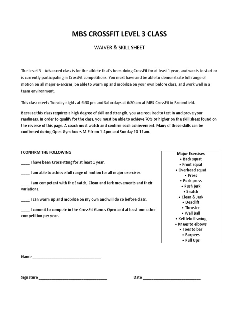 Mbs Crossfit Level 3 Skill Sheet and Waiver1 | PDF | Kettlebell | Hobbies