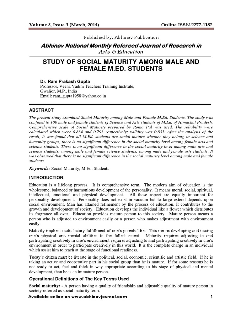 Study of Social Maturity Among Male and Female M.Ed. Students | PDF | P Value | Behavioural Sciences