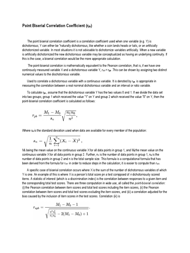 Point Biserial Correlation Coefficient (R) : XY PB | PDF | Correlation ...