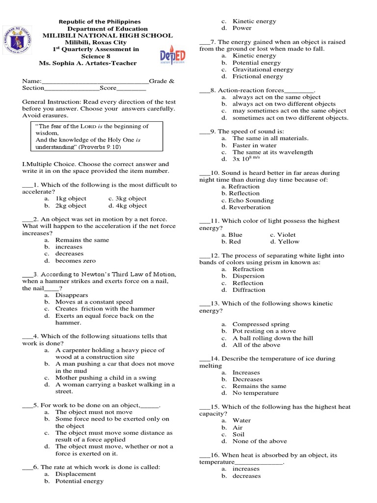 1st Quarter Test in Science | PDF | Force | Heat