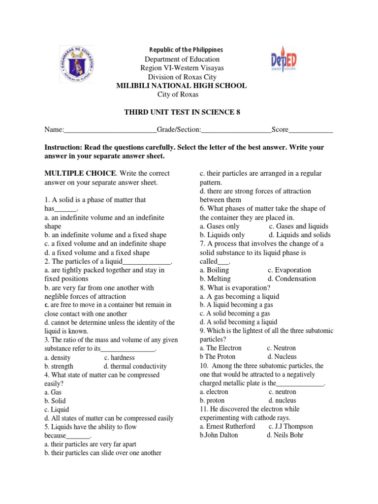 Science 8 Third Unit Test Guide | PDF | Atomic Nucleus | Electron