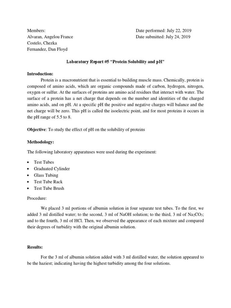 Lab Report 5 Protein Solubility and PH | PDF | Proteins | Solution