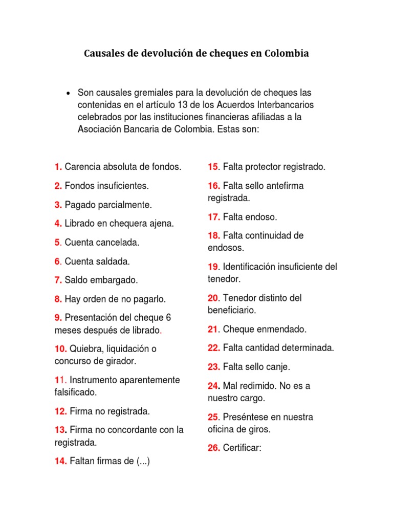 Causales de Devolución de Cheques en Colombia | PDF