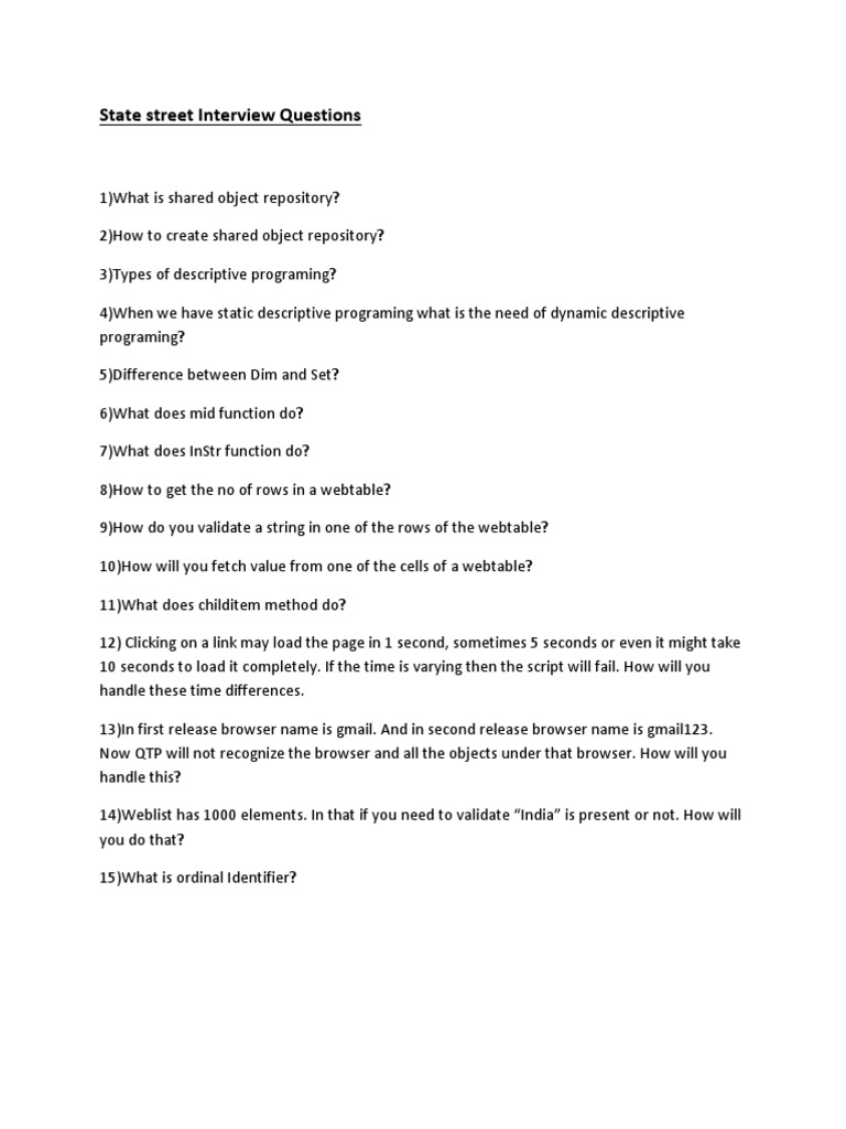 State Street Interview Questions | PDF | Computers | Technology ...