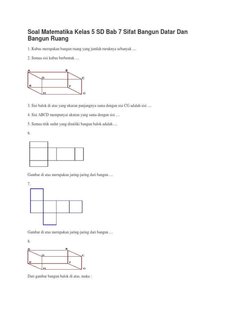 Soal Matematika Kelas 5 SD Bab 7 Sifat Bangun Datar Dan Bangun Ruang | PDF