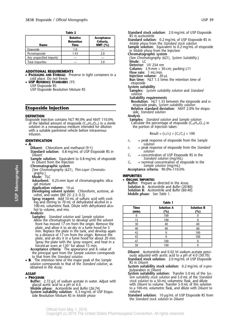 Etoposide Injection: 3838 Etoposide / Official Monographs USP 39 | PDF ...