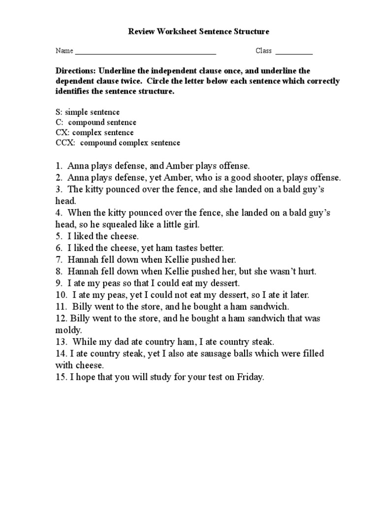 Review Worksheet Sentence Structure | PDF | English Grammar ...