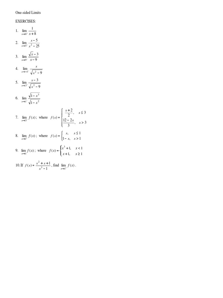 One-Sided Limits Exercises: 1 | PDF