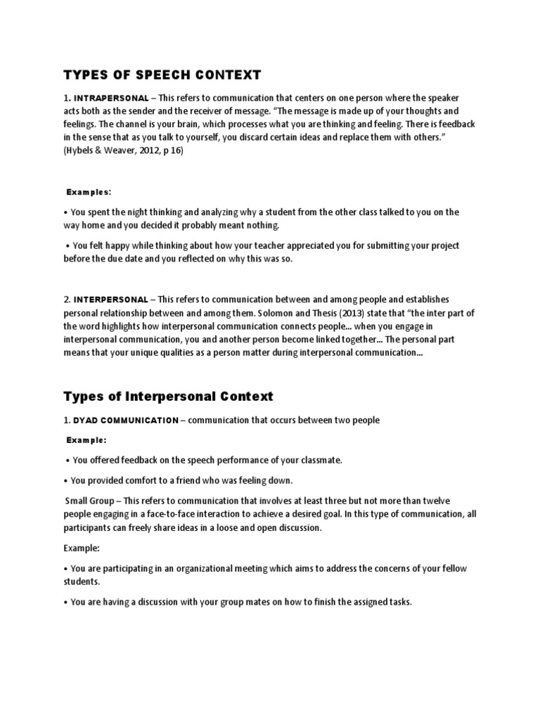 Types of Speech Context: - Intrapersonal | PDF | Interpersonal ...