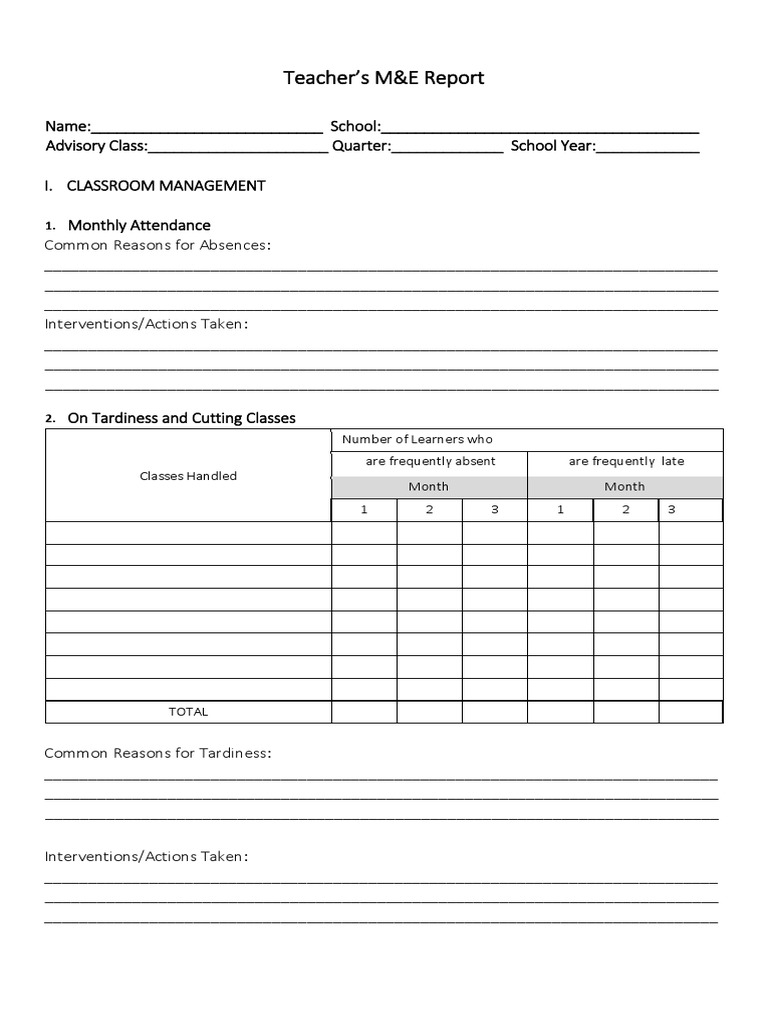 Teacher M&E Report Template | PDF | Teachers | Curriculum