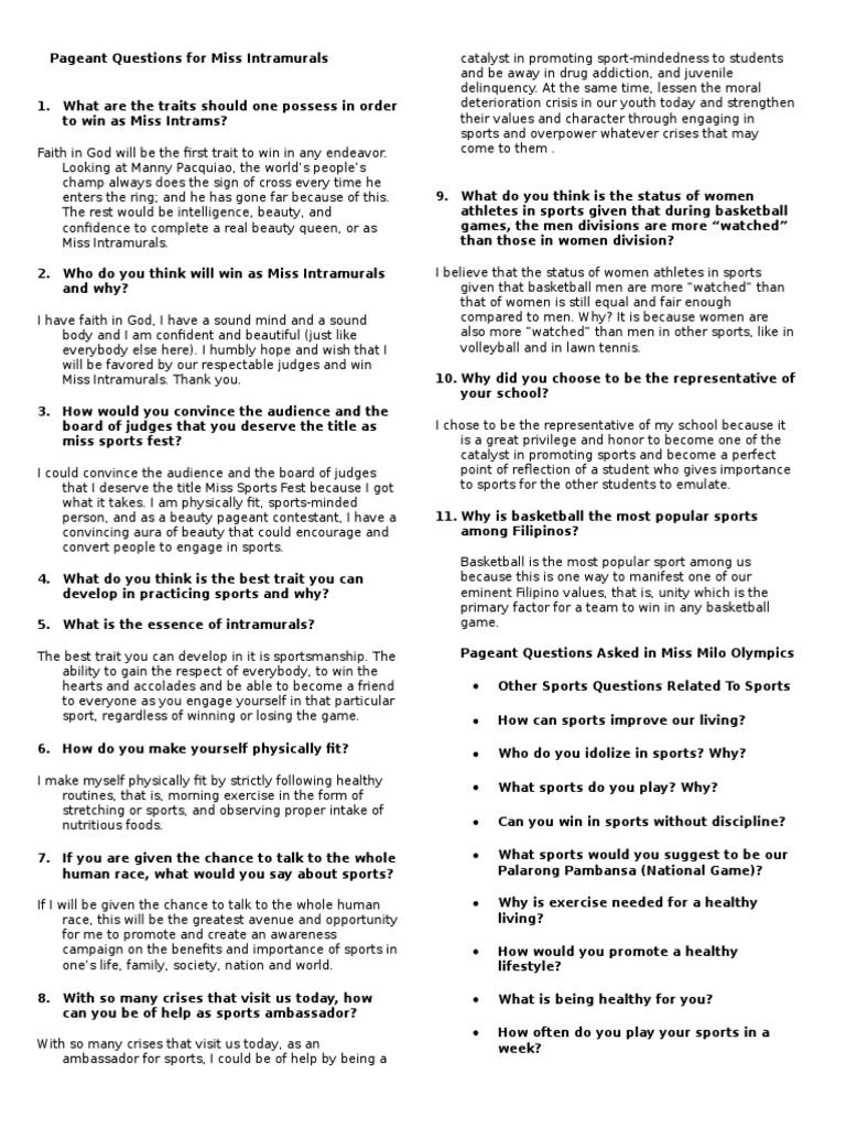 Pageant Questions For Miss Intramurals | PDF | Sports
