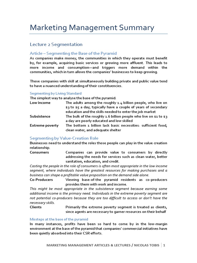 Marketing Management Summary | PDF | Market Segmentation | Strategic ...