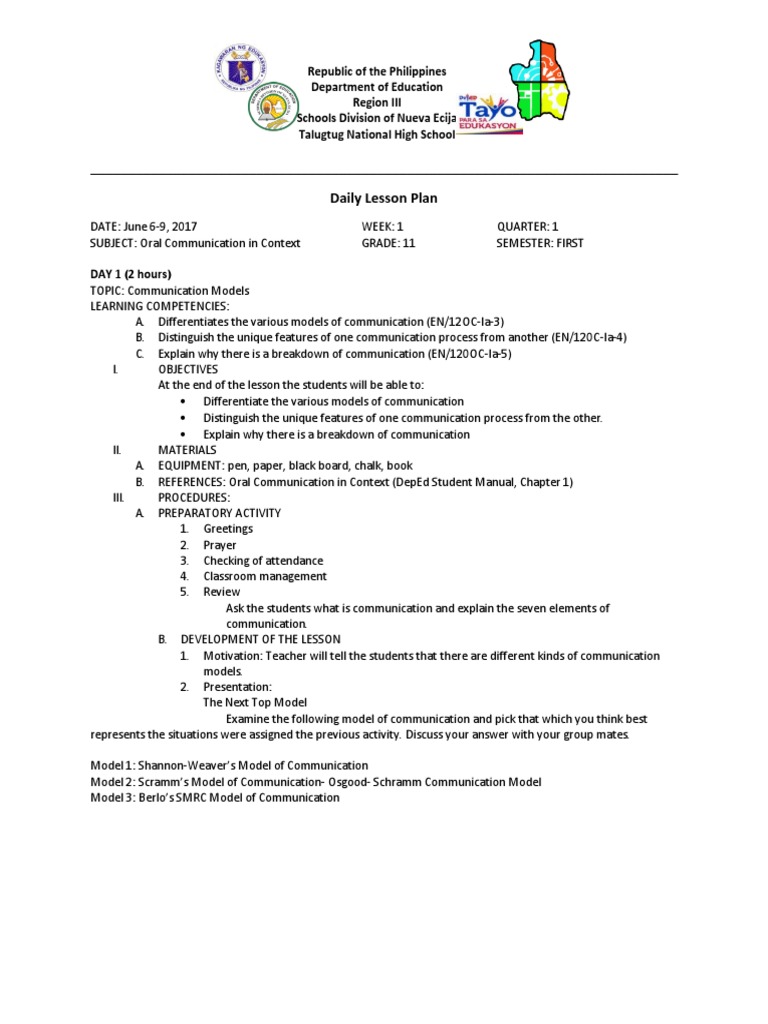 Daily Lesson Plan Week 1 Oral Comm | PDF | Lesson Plan | Communication