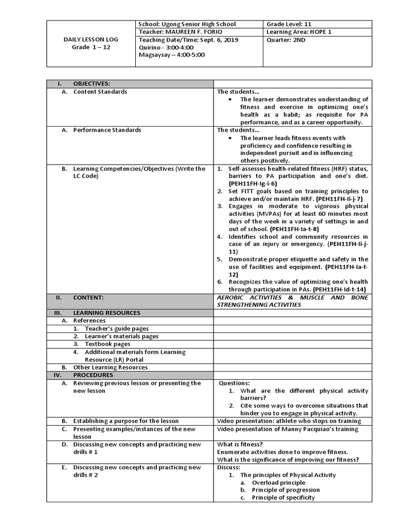 School fitness lesson plan for health and exercise | PDF | Physical ...