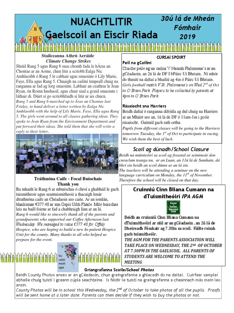 Nuachtlitir Gaelscoil An Eiscir Riada: 30ú Lá de Mheán Fómhair 2019 | PDF