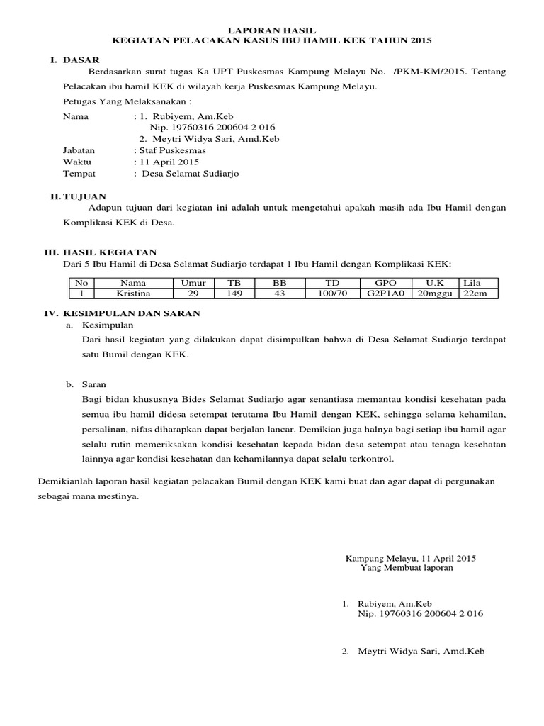 Laporan Hasil Penjaringan Bumil Kek | PDF