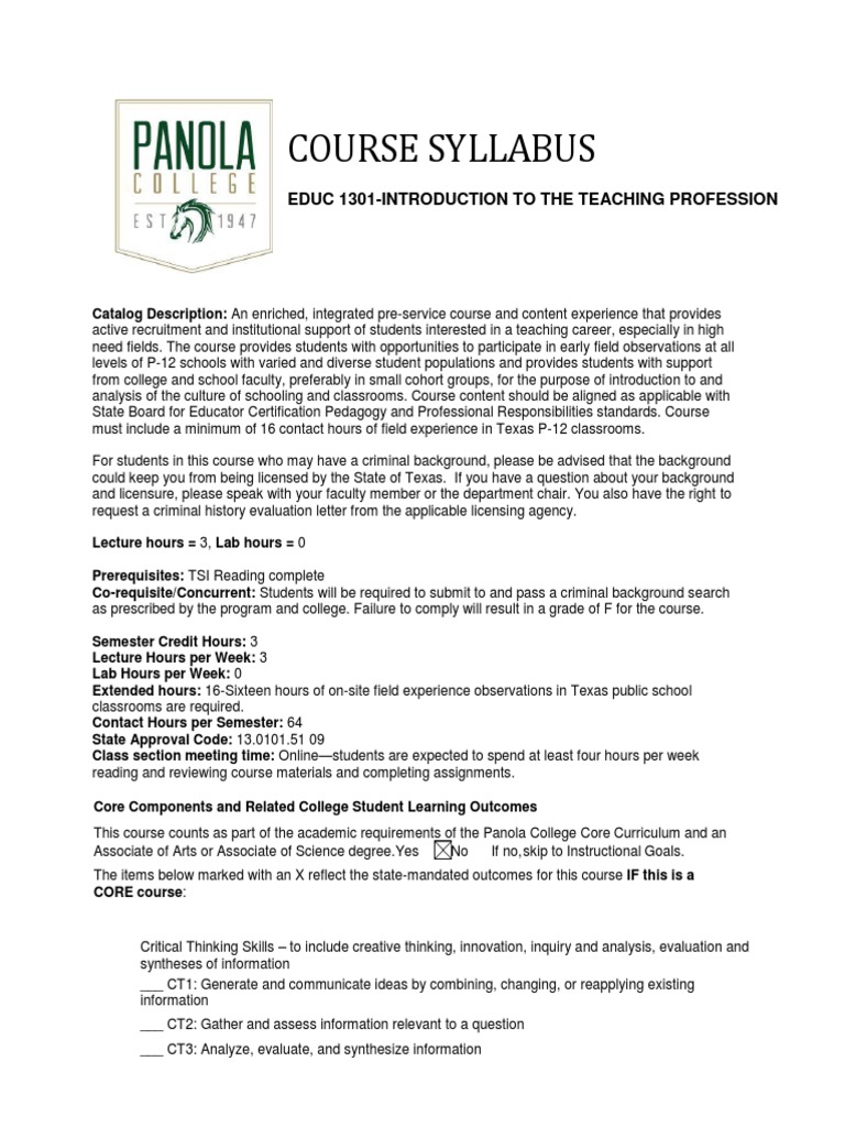 Course Syllabus: Educ 1301-Introduction To The Teaching Profession | PDF | Special Education ...
