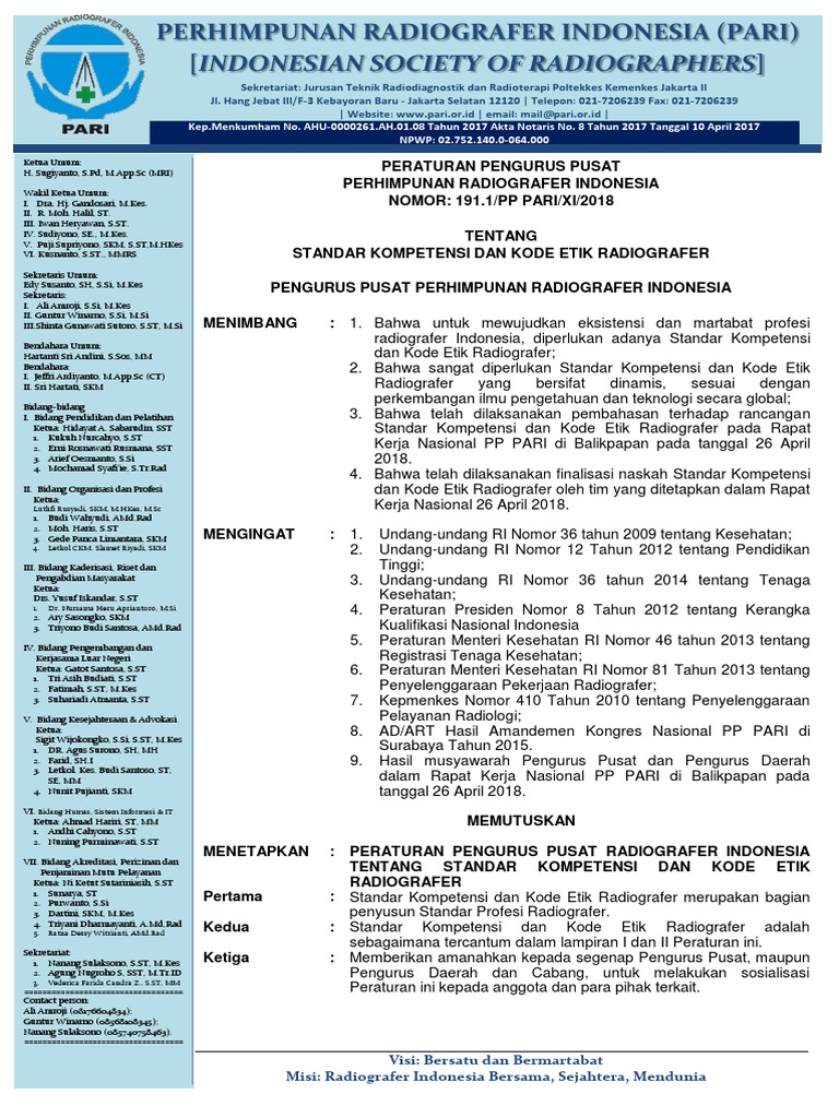 Peraturan PP PARI - Standar Kompetensi Dan Kode Etik Radiografer 8 Nop ...