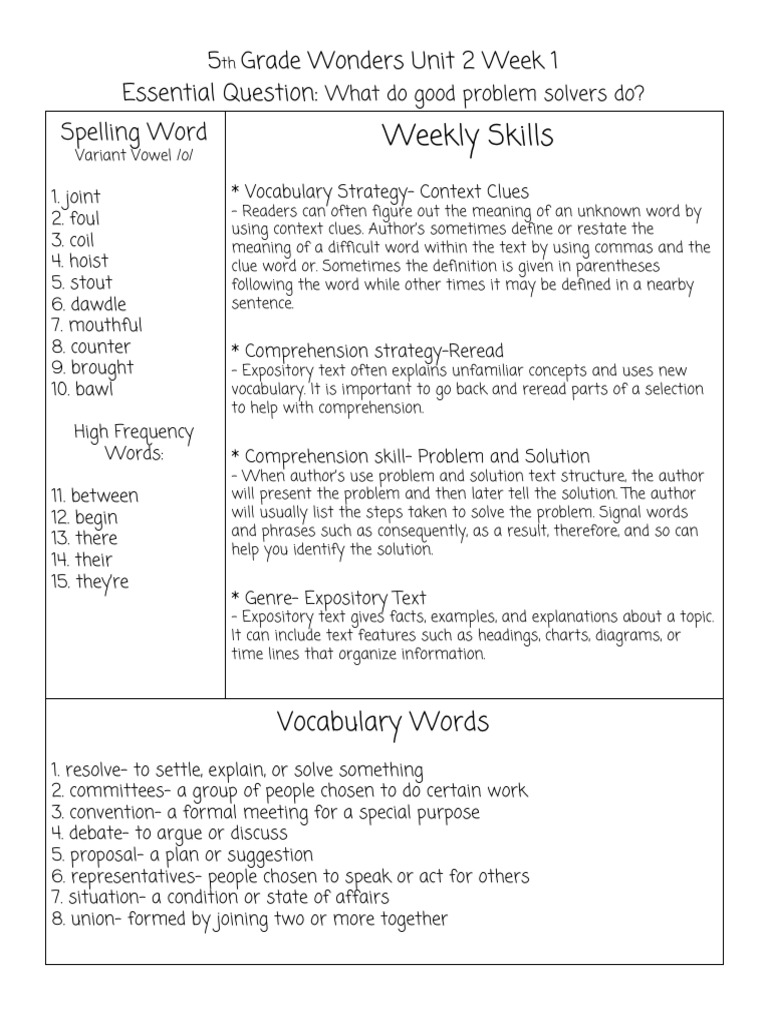 Weekly Skills: 5 Grade Wonders Unit 2 Week 1 Essential Question ...