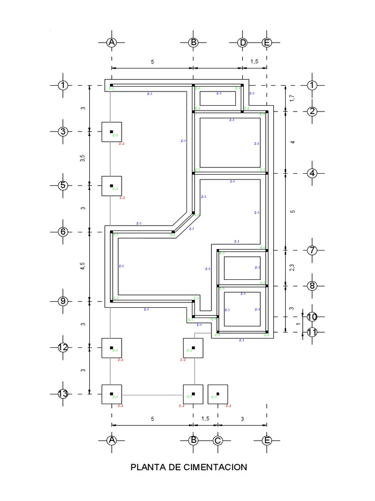 Esquema planta de cimentación con columnas y zapatas | PDF