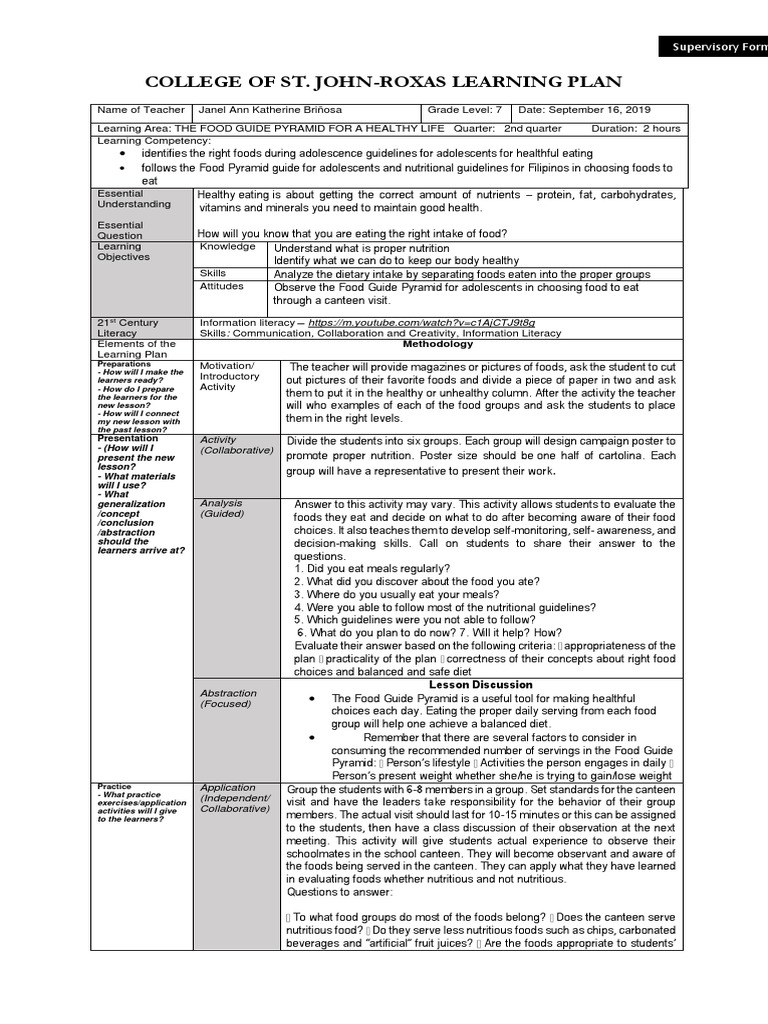 College of St. John-Roxas Learning Plan: Supervisory Form 3 | PDF ...