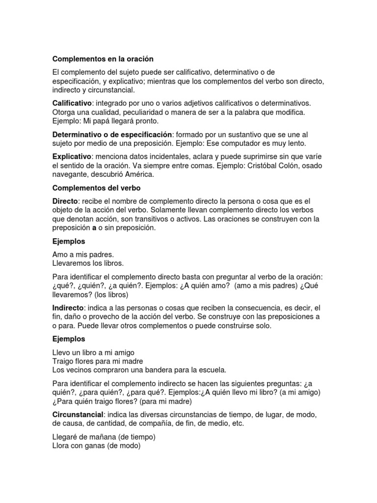 Tipos de complementos en la oración | PDF | Objeto (gramática) | Adverbio