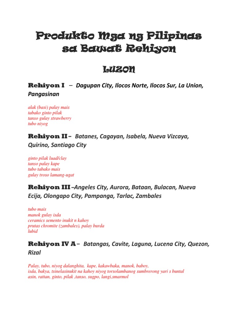 Mga Produkto NG Pilipinas Sa Bawat Rehiyon | PDF