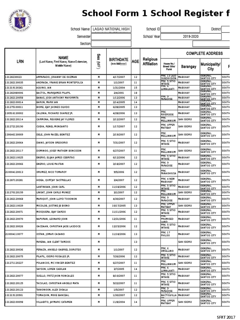 School Form 1 School Register For Junior High School SF1 JHS PDF