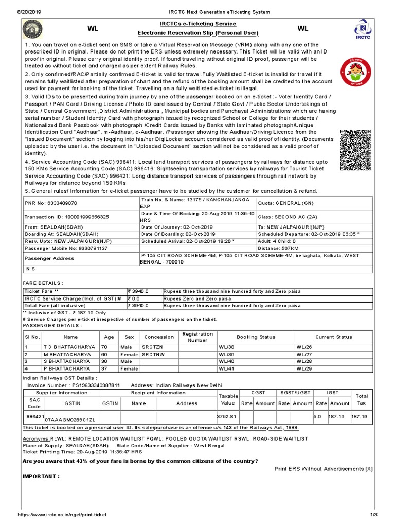 IRCTC Next Generation ETicketing System Kol To NJP | PDF | Identity ...