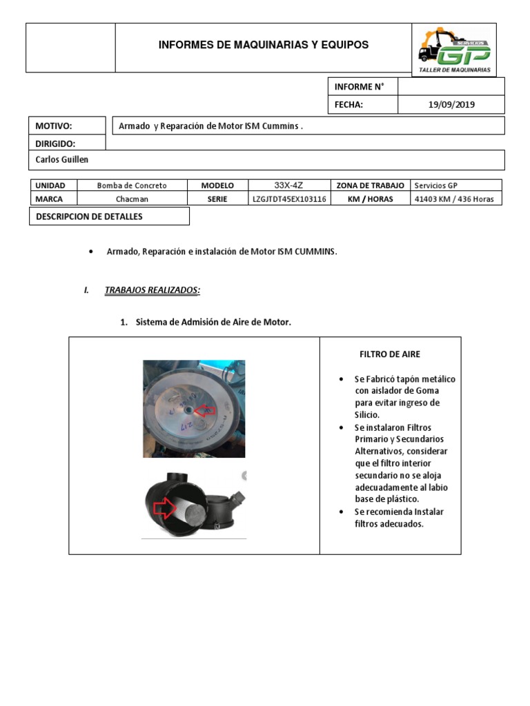 Informe de Reparacion de Motor ISM Cummins | Turbocompresor | Aceite de ...