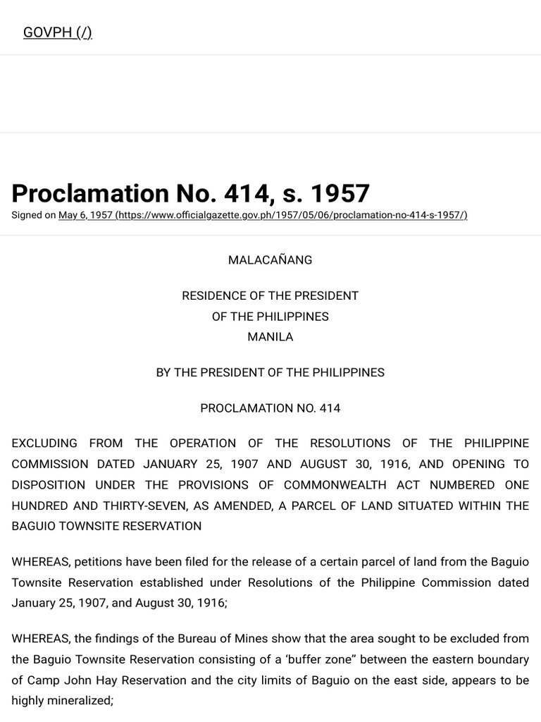 Proclamation No. 414: Baguio Land Exclusion | PDF | President Of The ...