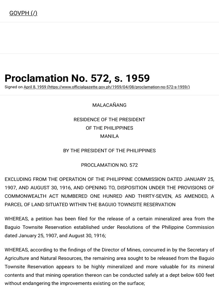 Proclamation No. 572, S. 1959 - Official Gazette of The Republic of The ...