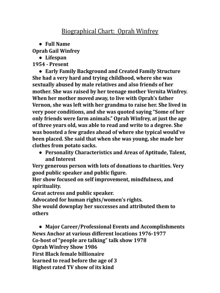 Biographical Chart: Oprah Winfrey | PDF