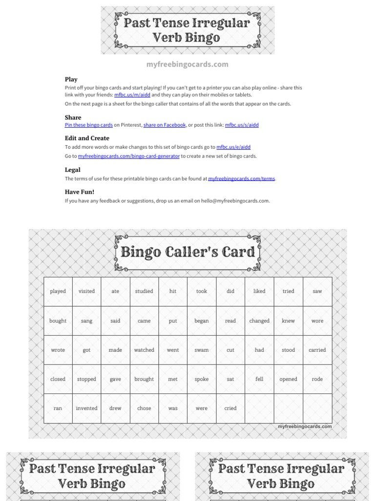 Past Tense Irregular Verb Bingo | PDF | Grammatical Tense | Onomastics